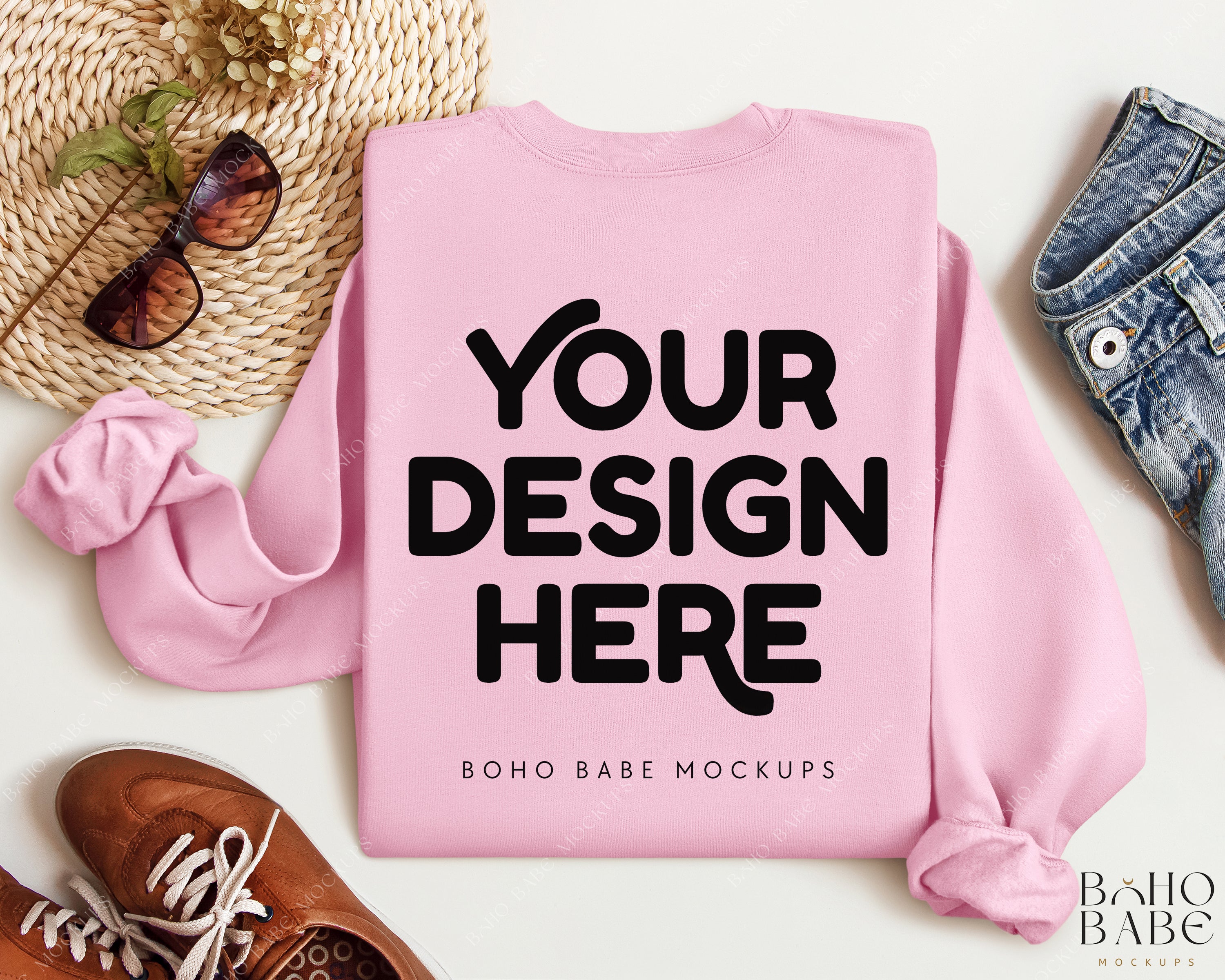 Gildan 18000 LIGHT PINK Back of Sweatshirt Mockup | Boho Babe Folded M ...