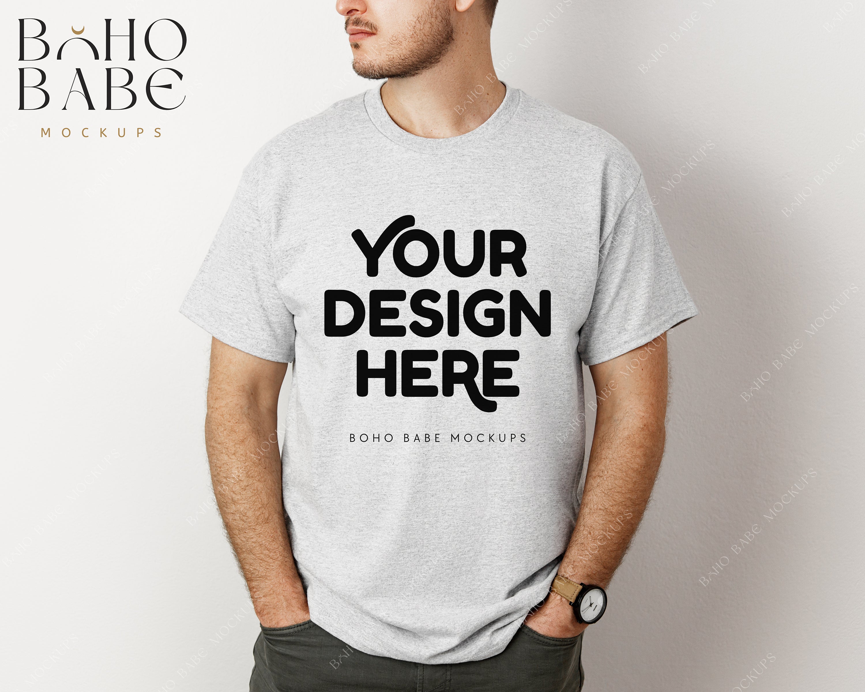 Gildan 5000 ASH GREY Male Model Mockup | Boho Babe Model Shirt Mockup ...