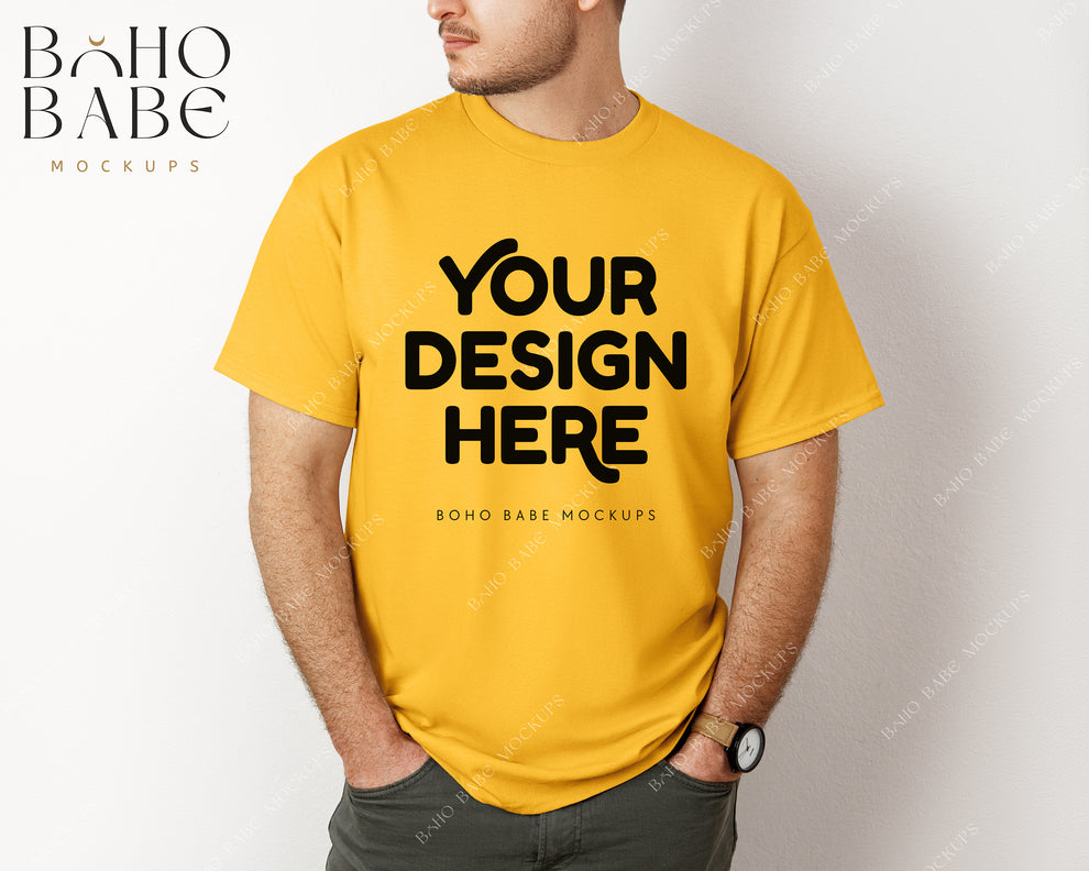 Gildan 5000 GOLD Male Model Mockup | Boho Babe Model Shirt Mockup Desi ...